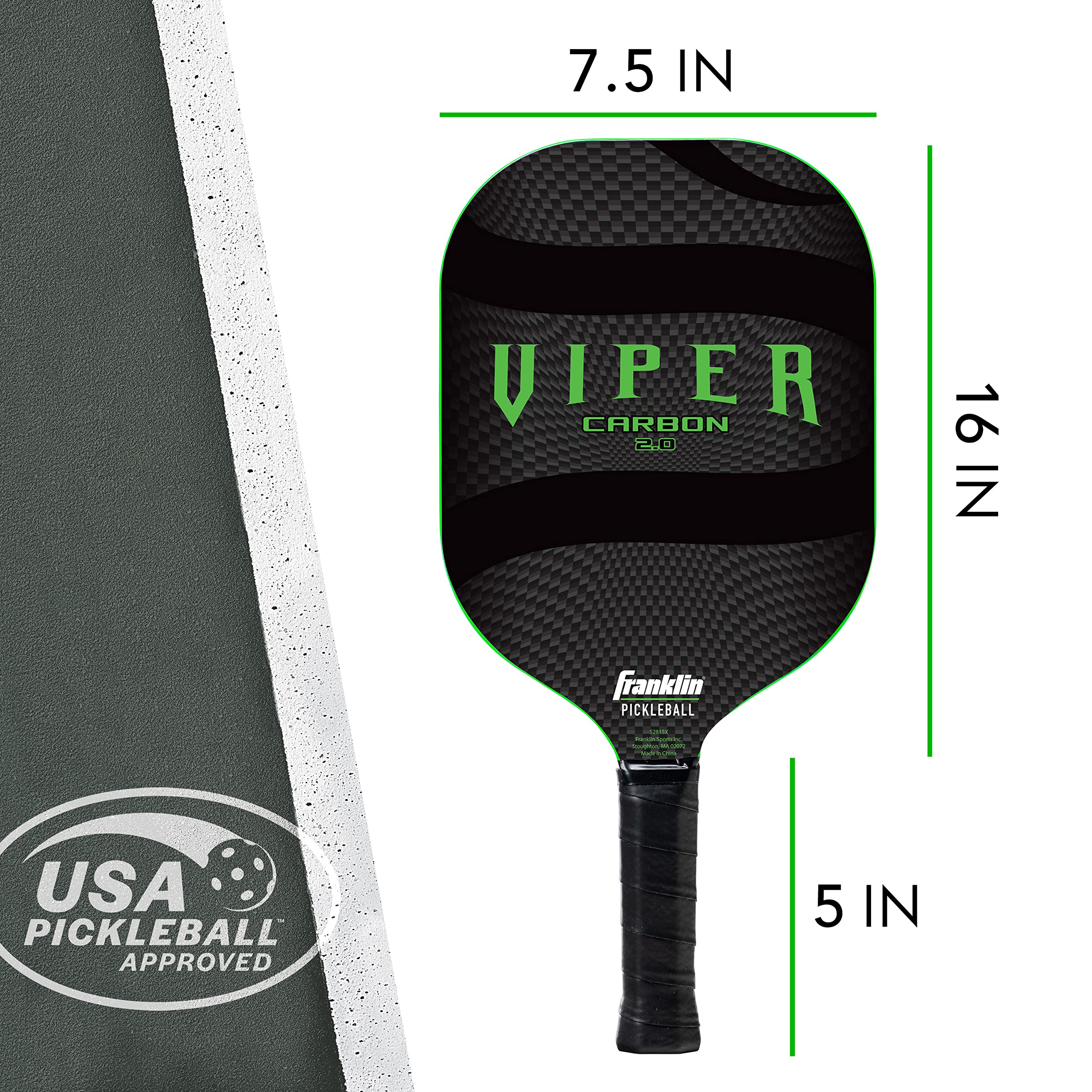 Franklin Sports Pickleball Paddle - Viper Carbon Fiber Core Pickleball Paddle - USA Pickleball (USAPA) Approved Paddle - 13mm Carbon Fiber Core,Green
