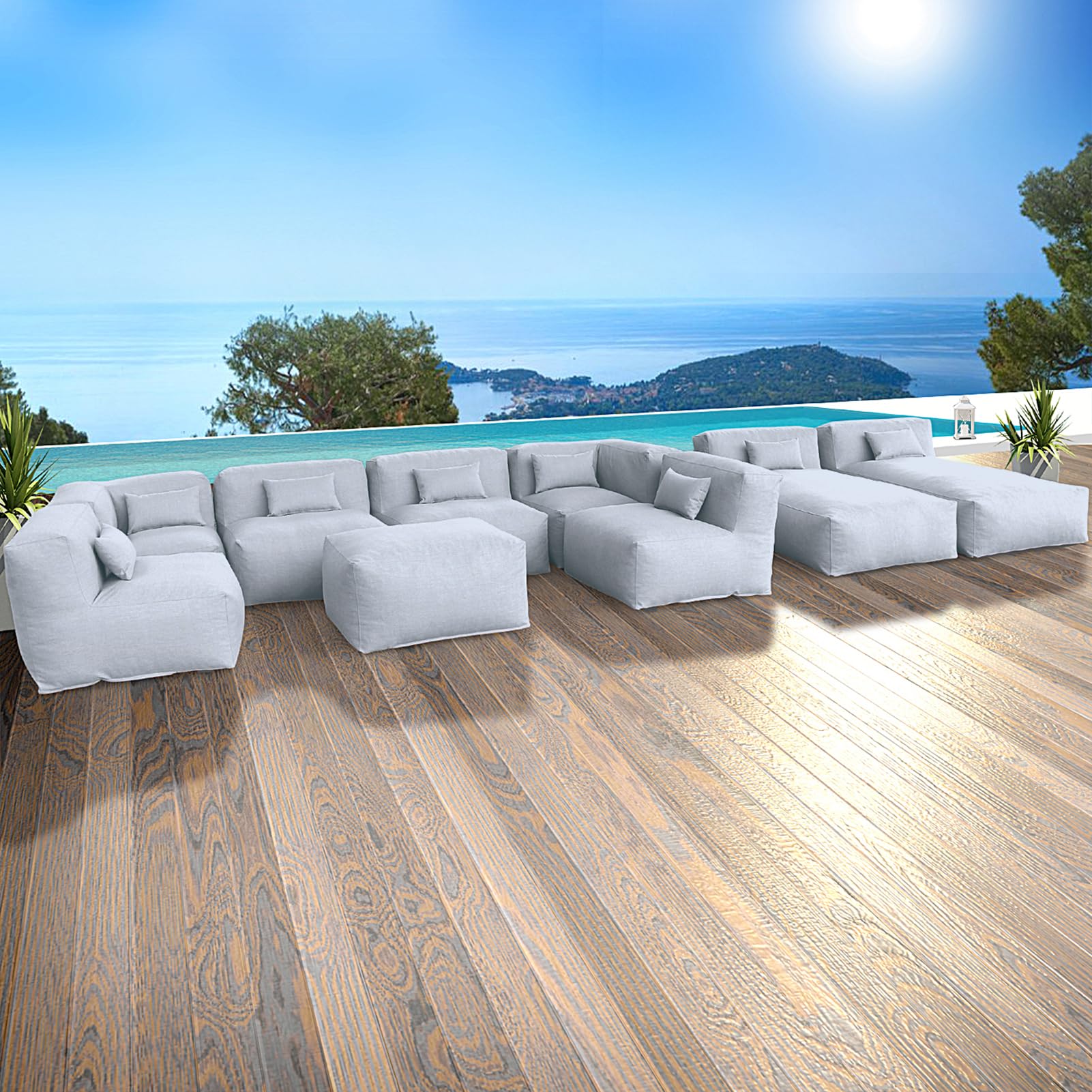 OPEAK Patio Furniture Set Bean Bag Eraclea 9C Outdoor Chairs Sectional Conversation Patio Set Daybed Furniture Outdoor Sofa Couch High Density Foam Filling Modern Comfy Patio Couch (Light Gray)