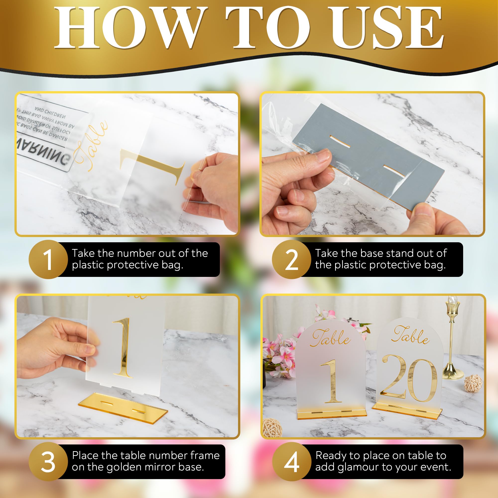 RoyalDecor's Frosted Arched Acrylic Table Numbers 1-20 with Gold Mirror Number and Stands - Perfect Wedding Table Decorations Accessories - Small Number Stand Centerpieces for Reception Tables - 5x7
