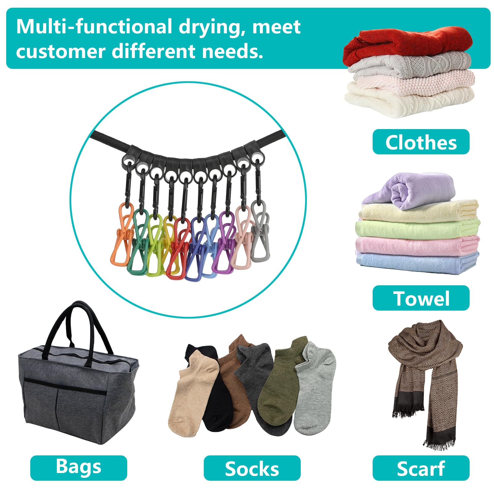 Retractable Car Carrying Camping Drying Portable Clothesline, 10 Clothespins, Home Use Hole-Free Clothesline for Traveling, Car Carrying, Outdoor Camping
