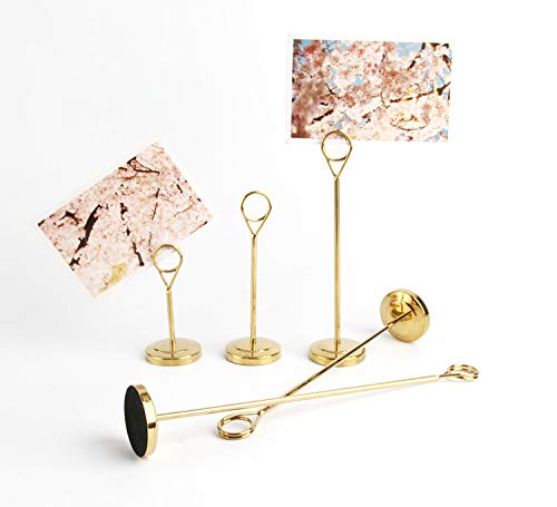 wadbeev 6 Heavy Base Wire Place Card Holders, 4" Gold Table Number Ring-Clip Menu Photo Picture Holder Wedding Birthday Party Decoration Centerpiece with Stand