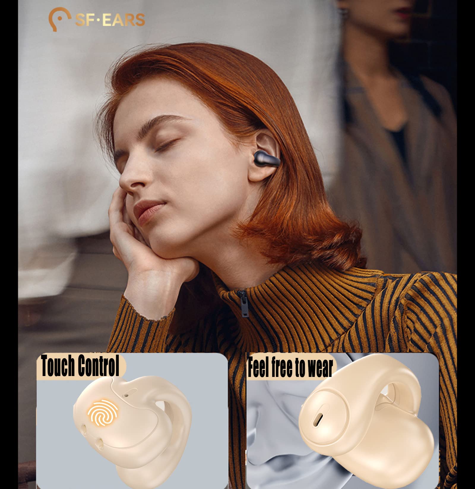 Open Ear Bone Conduction Earbuds Clip On Head Set Wireless Ear Clip Bone Conduction Headphones Headset Cycling Running Workout Earbuds Bluetooth Bone Conducting Induction Earphones Headphone