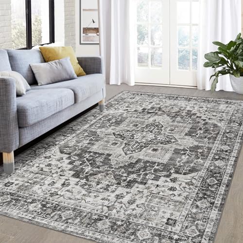 ROYHOME 8x10 Area Rug Machine Washable Rug Traditional Distressed Rug Indoor Floor Cover Vintage Medallion Carpet Rug Stain Resistant Non-Slip Accent Rug for Living Room Bedroom, Grey/Beige