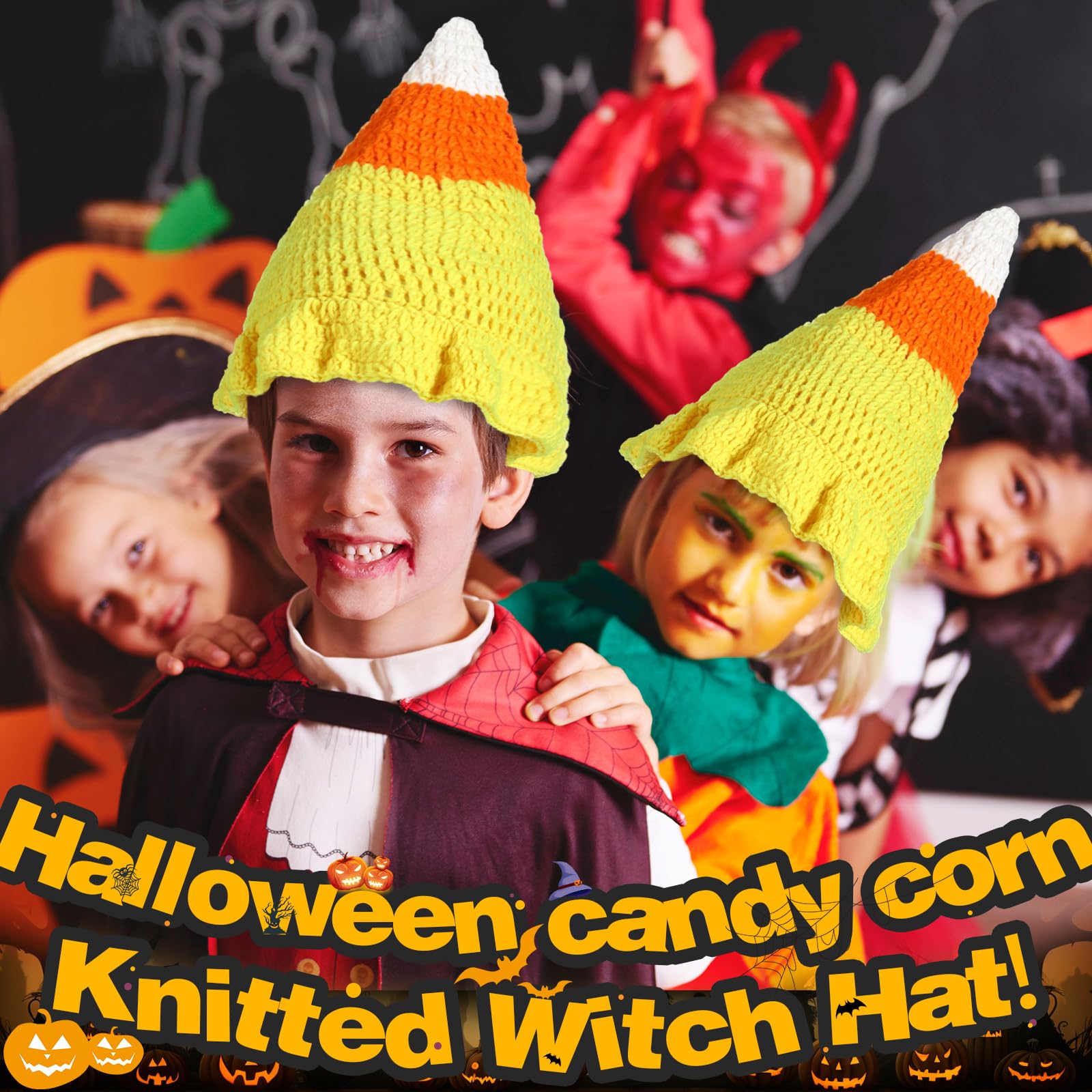 Panitay 10.63 x 12.99 Inch Candy Corn Witch Hat Crochet Pattern for Women Adult Knitted Crochet Wizard Hat for Autumn Halloween Cosplay Party Decorations, Orange, White and Yellow