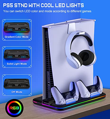 PS5 Stand with 4 Level Cooling Fan and RGB LED, Dual Fast PS5 Controller Charging Station for PS5 Digital/Disc, Accessories Incl. 6 Game Storage, Headset Holder, Dust Baffle