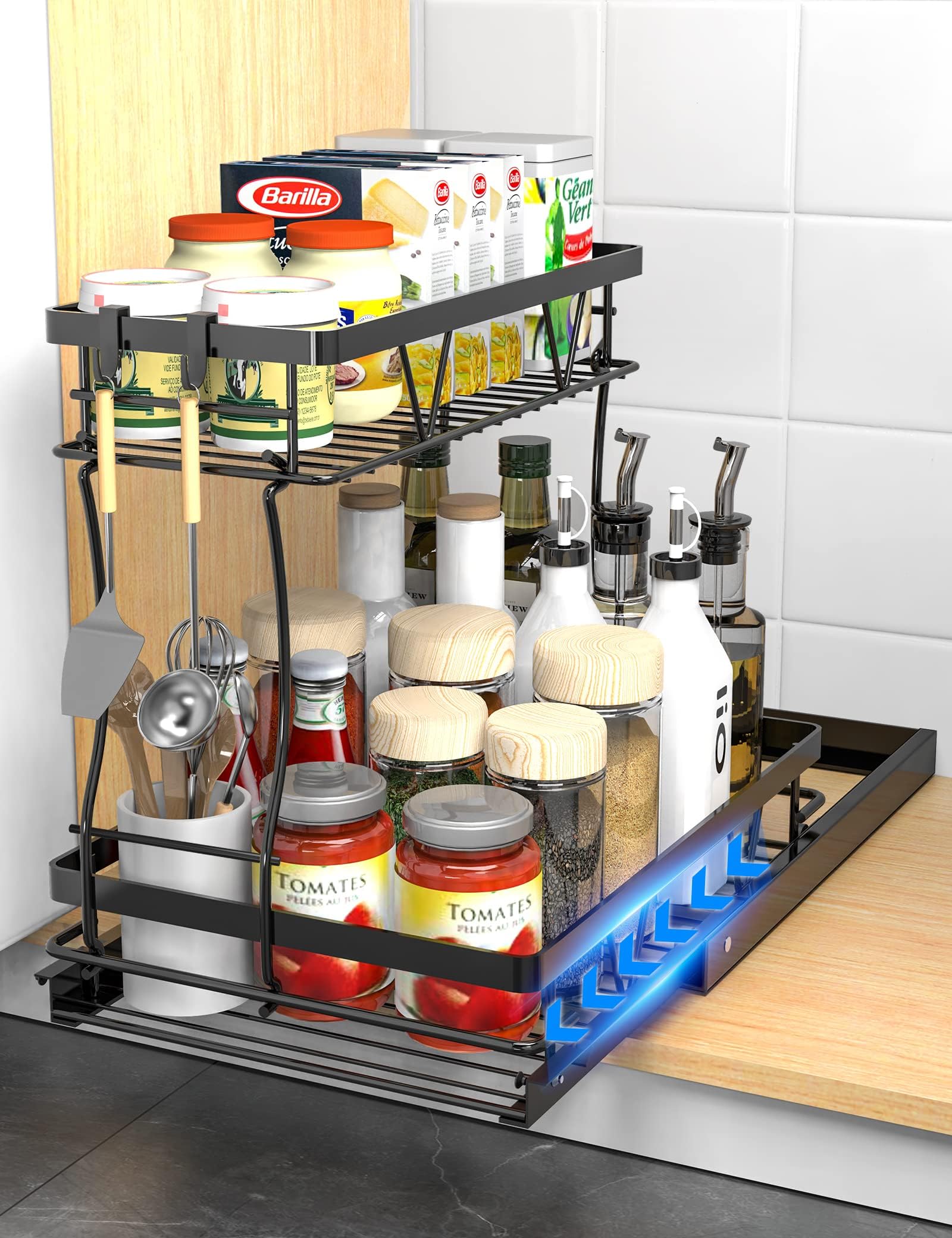 Iperlife 2 Tier Under Sink Organizers and Storage for Kitchen Pull Out Cabinet Basket Organizer with 4 Hooks, Multi-Purpose Metal Storage Shelf Rack for Bathroom Living Room Bedroom