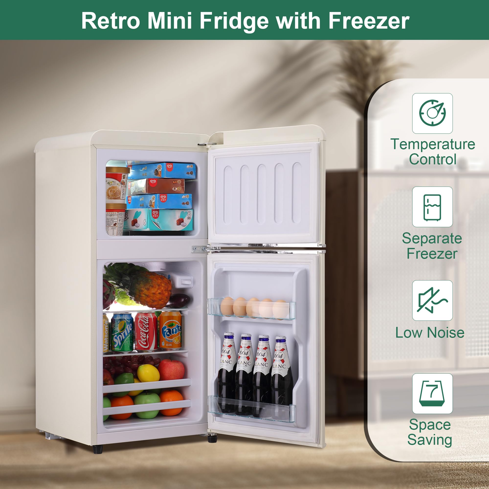rosmena Retro Mini Refrigerator with Freezer, Retro Mini Fridge 2-Door Compact Refrigerator Freezer 3.5 Cu. Ft. Retro Mini Fridge with Adjustable Thermostat & Shelves for Kitchen,Dorm,Office(Cream)
