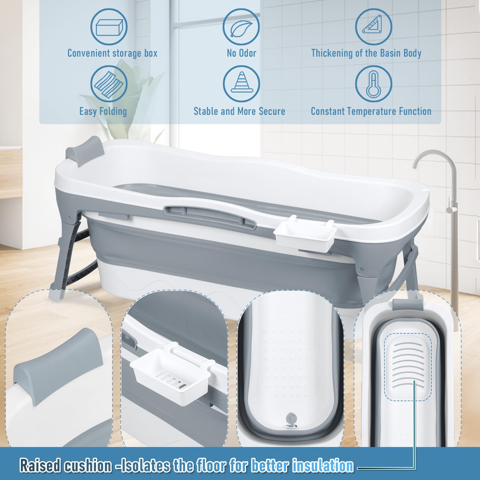 Portable Bathtub for Adult - Large 56'in Foldable Collapsible tub - Ergonomically Designed for the Ultimate Relaxing Soaking Bath. Ideal for Small Spaces - Quick,Folding Bathtub