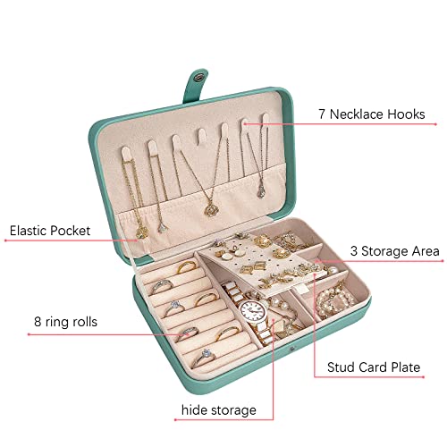 Small Travel Jewelry Organizer Case for Rings, Earrings, Necklaces, Bracelets, and Bangles - PU Leather Portable Storage Box Display Holder for Women and Men (Cyan Blue)