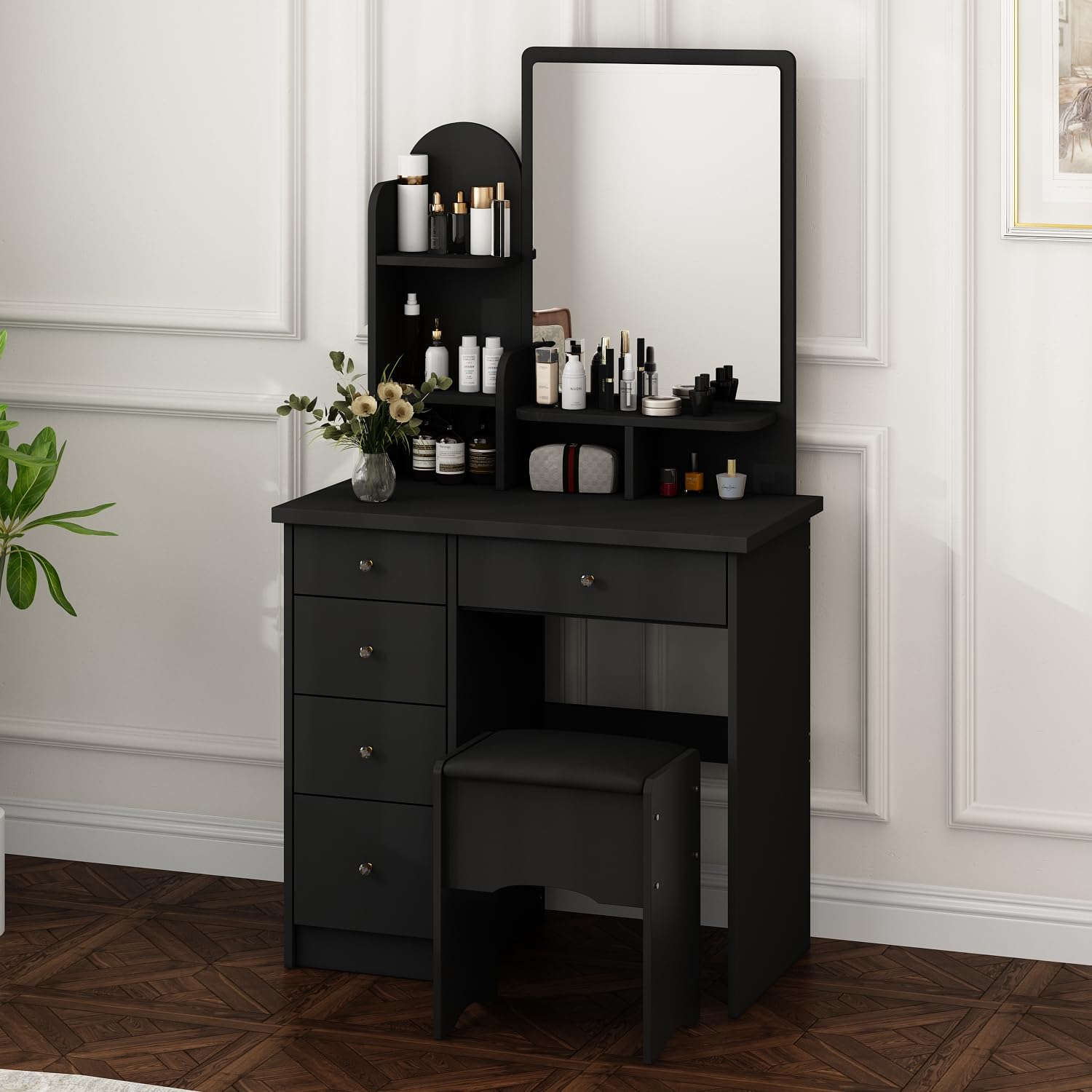ROMSHINE Small Vanity Desk with Mirror, Makeup Vanity with Shelves & 4 Drawers, Vanity Table Set for Bedroom, Sliding Mirror, Cushioned Stool, Space-Saving, White&Grey, 35.2”W x 15.7”D x 52.4”H