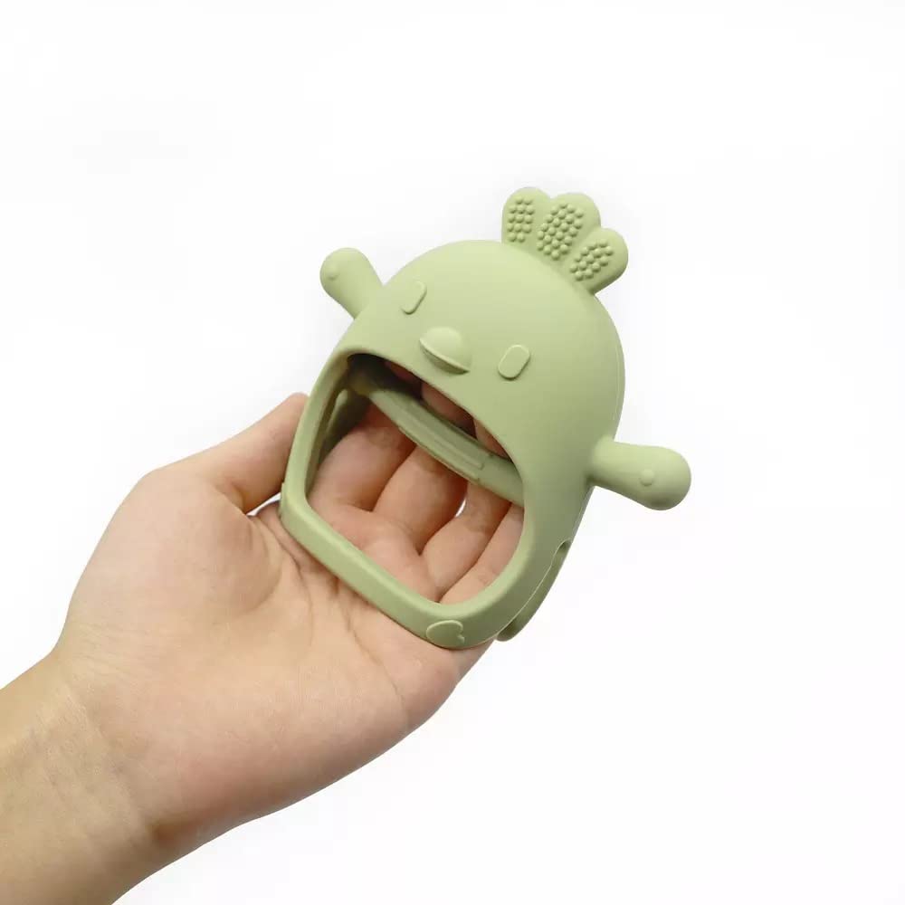 MOMMYS BABY Silicone Baby Teether Set, Infants Chew Mitten, Pain Relief for Sore Gums, Soothing 2 in 1| Olive Green Chick, Dusty Blue Triceratops | Anti-Drop with Handle for Easy Grip