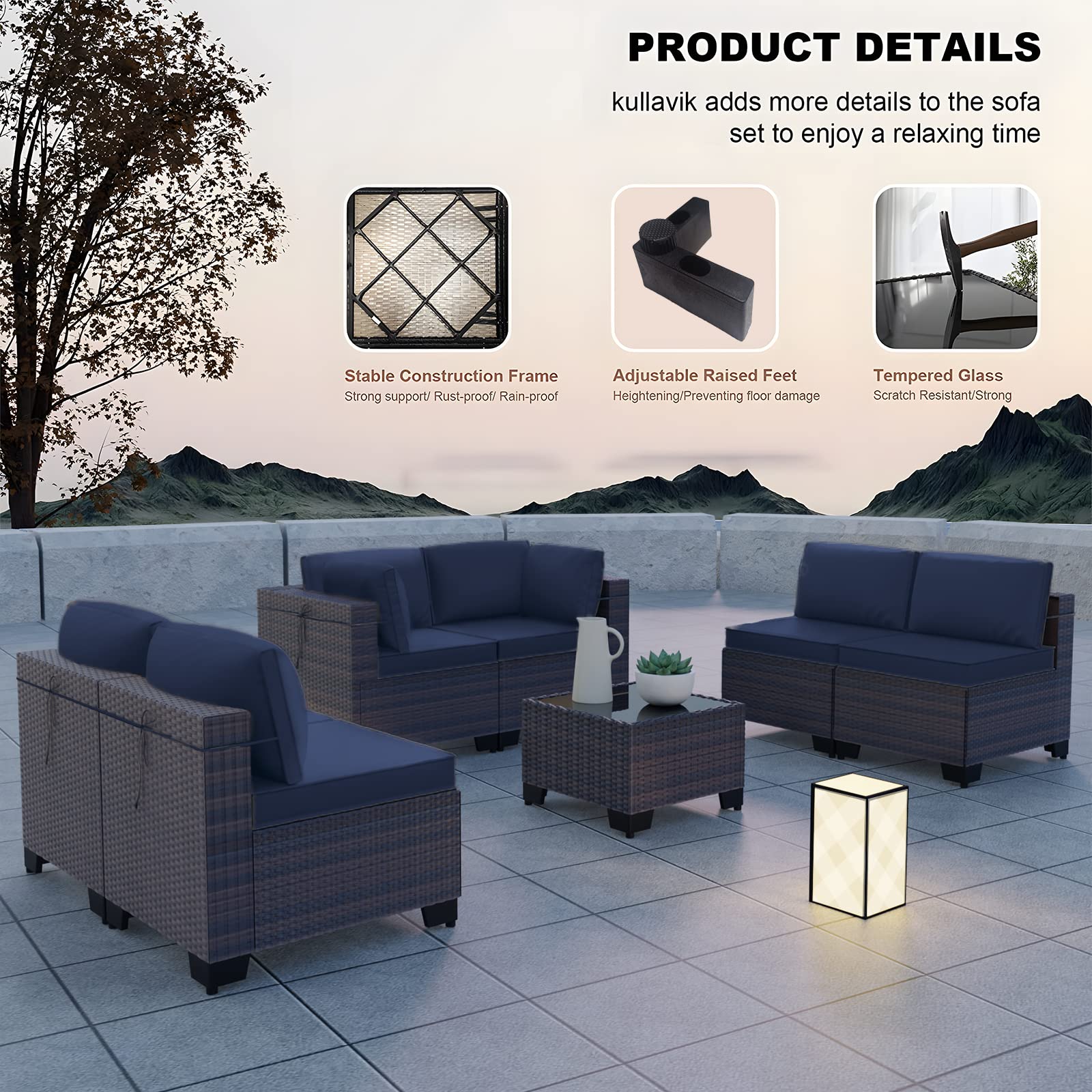 Kullavik 7 Pieces Outdoor Patio Furniture Set Sectional Rattan Sofa Brown Manual Wicker Patio Conversation Set with Navy Blue Cushions,1 Tempered Glass Tea Table and Cushions Covers