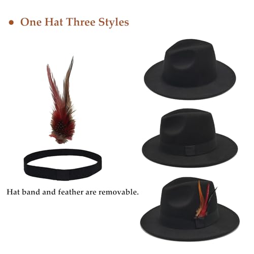 Mens Fedora Hats Classic Wide Brim Fedora Hat for Women Men Dress Hats Black Felt Panama Hat with Band