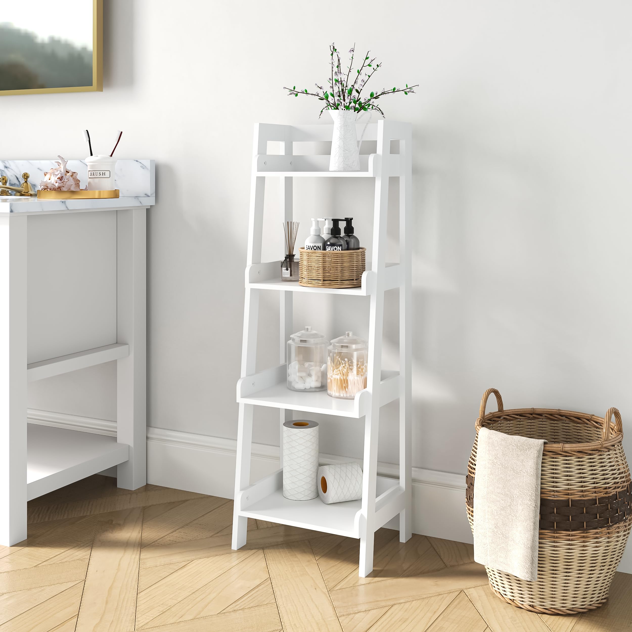 UTEX 4-Tier Ladder Shelf, Bathroom Shelf Freestanding, 4-Shelf Spacesaver Open Wood Shelving Unit, Ladder Shelf (White)