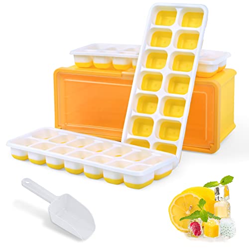 Korlon Silicone Ice Cube Tray with Lid and Bin, Ice Trays for Freezer with Lid Scoop Pull-out Design Easy to Release Ice Cube Trays for Whiskey Cocktails Cool Drinks, 42 Ice Cubes Total