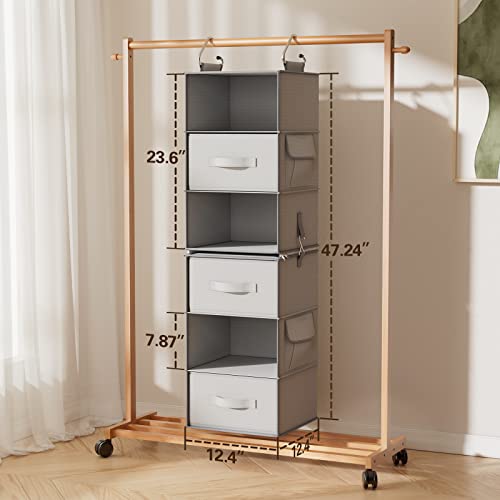 Pipishell Hanging Closet Organizer 6-Shelf, Hanging Shelves for Closet with 3 Removable Drawers & Side Pockets, Hanging Shelf Organizer for Bedroom or Garment Rack