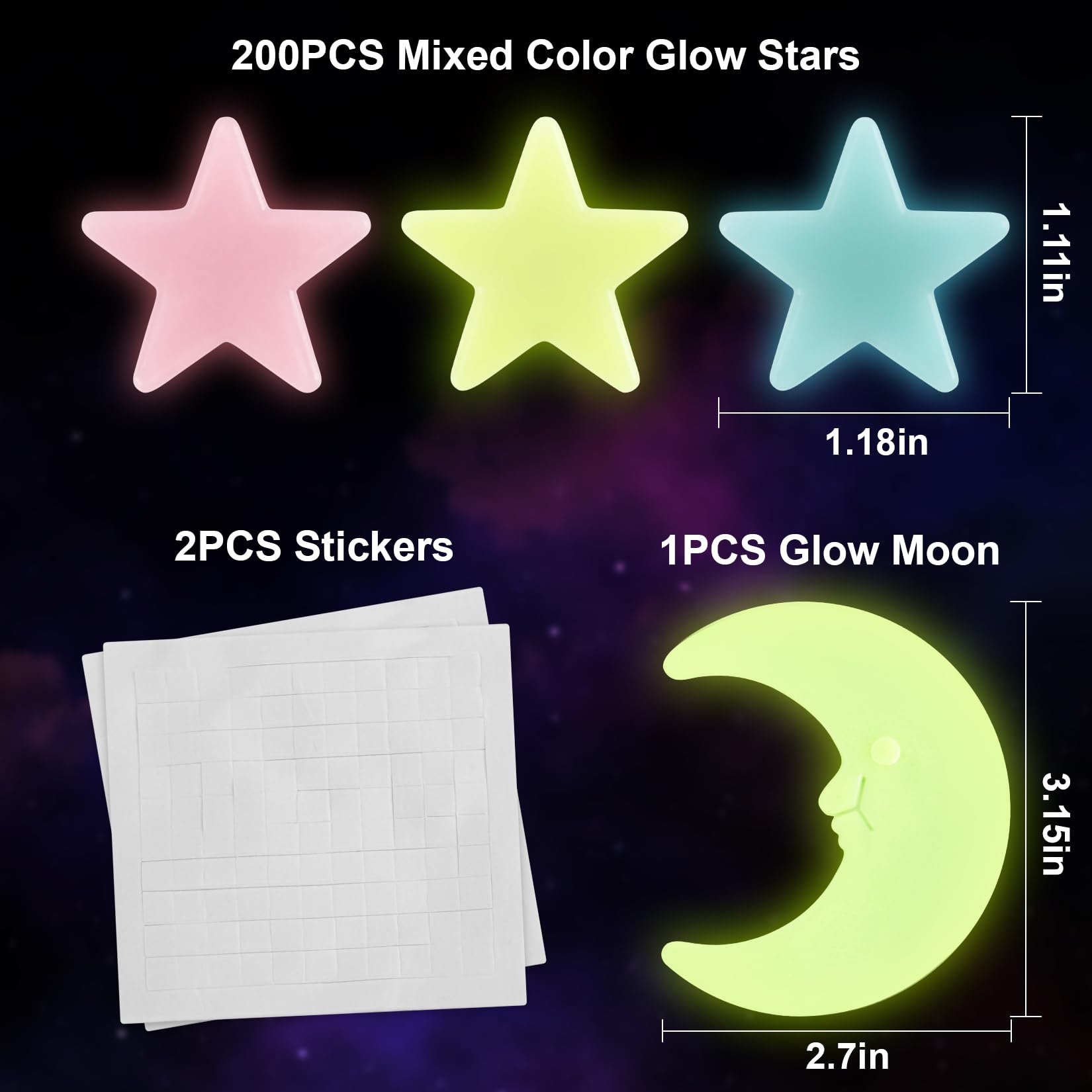 MAQIHAN 200 Glow in The Dark Stars for Ceiling - Glowing Stars and Moon Stickers Estrellas que brillan en la oscuridad para el techo de cuarto Plastic Space Galaxy Decals Bedroom Wall Decorations