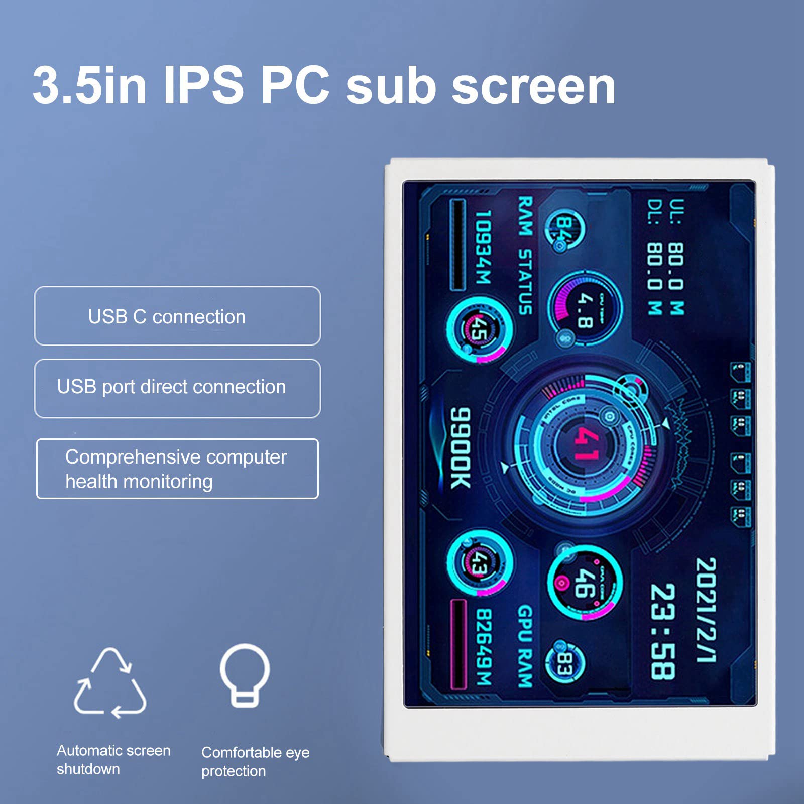 PC Temp Monitor, 320x480 PC Sensor Panel Display for Home(White)