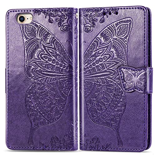 KRHGEIK Wallet Case for iPhone SE 2020/SE 2022/iPhone 8/iPhone 7,Women Butterfly Embossed PU Leather Stand Card Slots Wrist Strap Flip Folio Cover for iPhone 6/6S/7/8/SE 2nd/SE 3rd Gen (Purple)