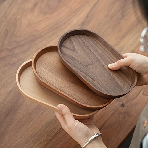 Vandroop Serving Trays for Parties, Small Tray for Tea&Coffee, Oval Wooden Plates for Serving Food, Decorative Tray for Fruit, Appetizer&Vegetables, Tray for Bathroom 7.8"×4.6" (Walnut, Set of 2)