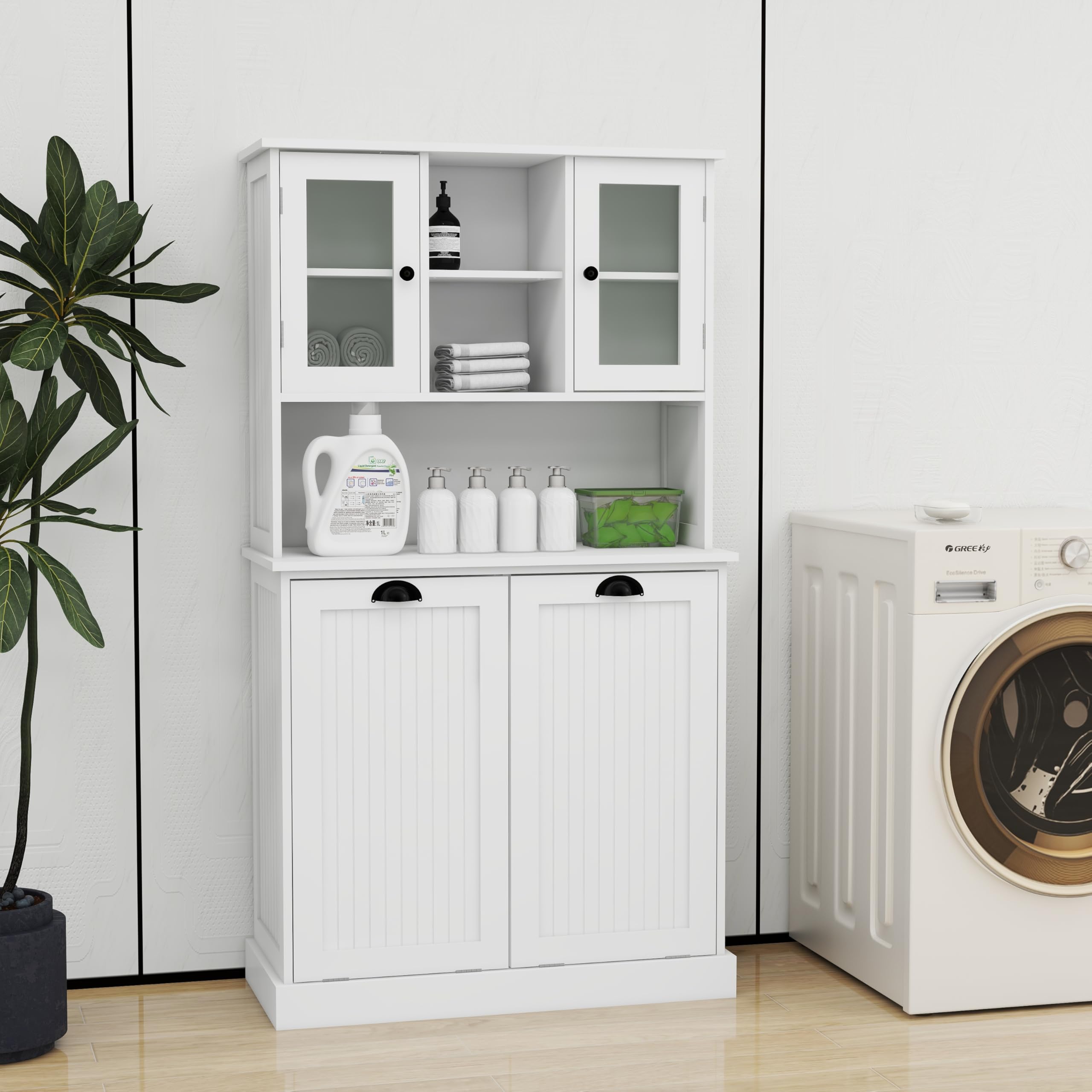 OQSC Tall Tilt-Out Double Doors Laundry Cabinet Hamper, Large Pull Out Laundry Room Storage Cabinets, Bathroom Cabinet with Hidden Laundry Hamper & Glass Doors, White,13 * 2 Gallons