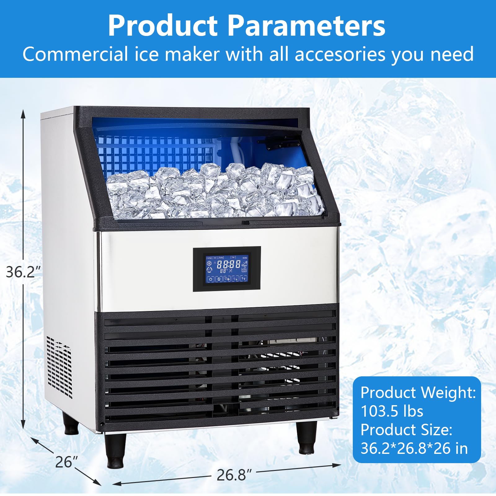 Towallmark Commercial Ice Maker 440lbs/24H, Stainless Steel Under Counter ice Machine with 40L Ice Storage Capacity, 8 * 20 Ice Cube Freestanding Ice Maker