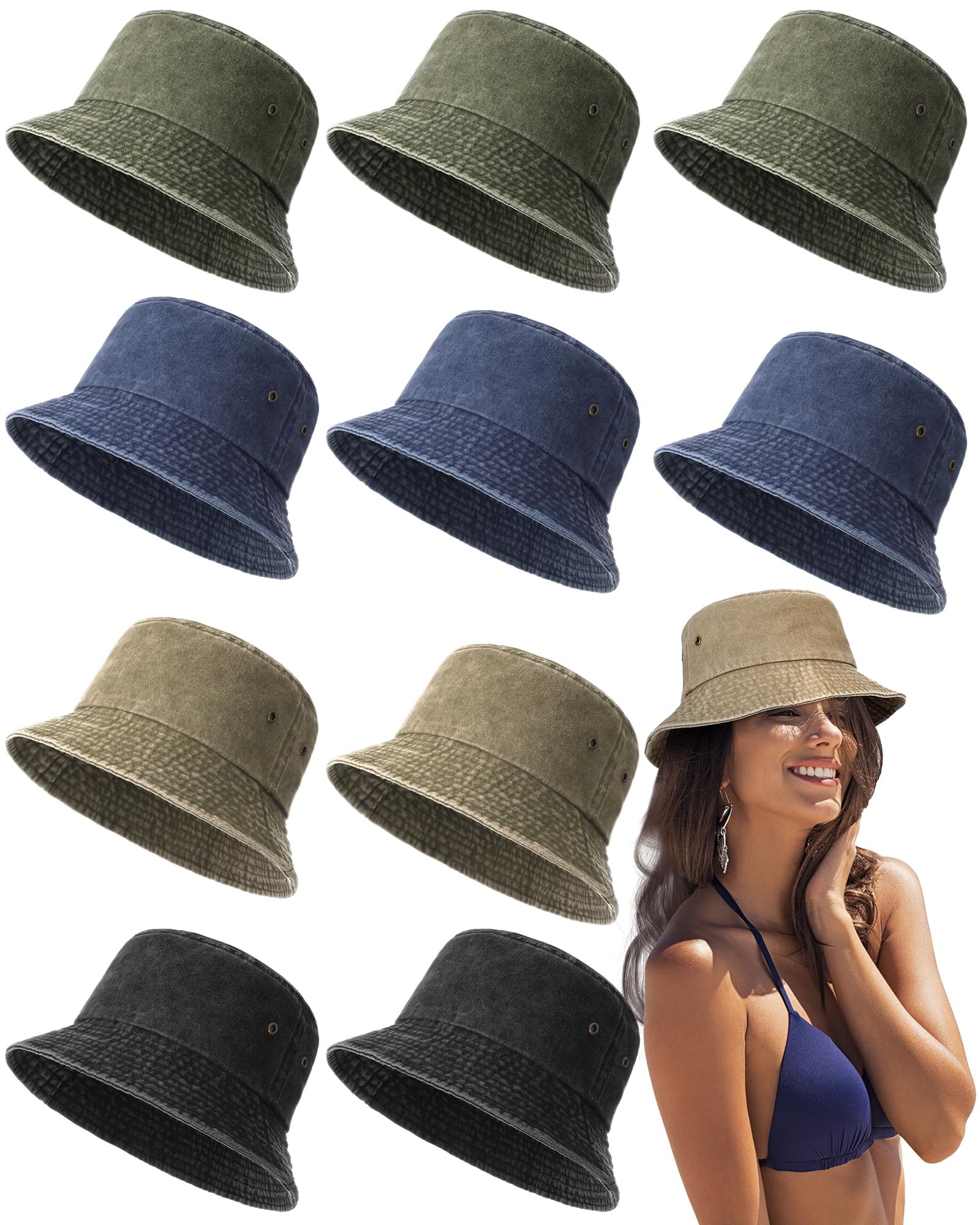 Mepase 10 Pcs Bucket Hat Unisex Beach Cap Cotton Sun Hat Solid Color Summer Cap Lightweight for Women Men Vacation Headwear (Vivid Color)