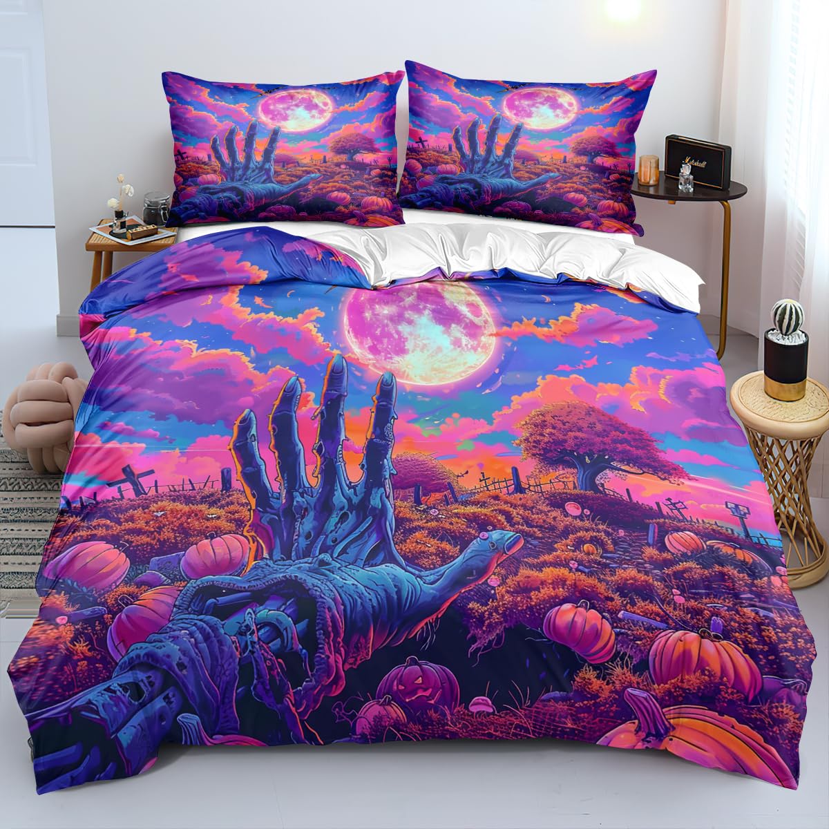 Menkala Zombie Hand Duvet Cover King Halloween Pumpkin Bedding Set Graveyard Undead Hand Comforter Cover Horror Scary Skull Pattern Bed Sets 3 Pieces Ultra Soft Washed Microfiber