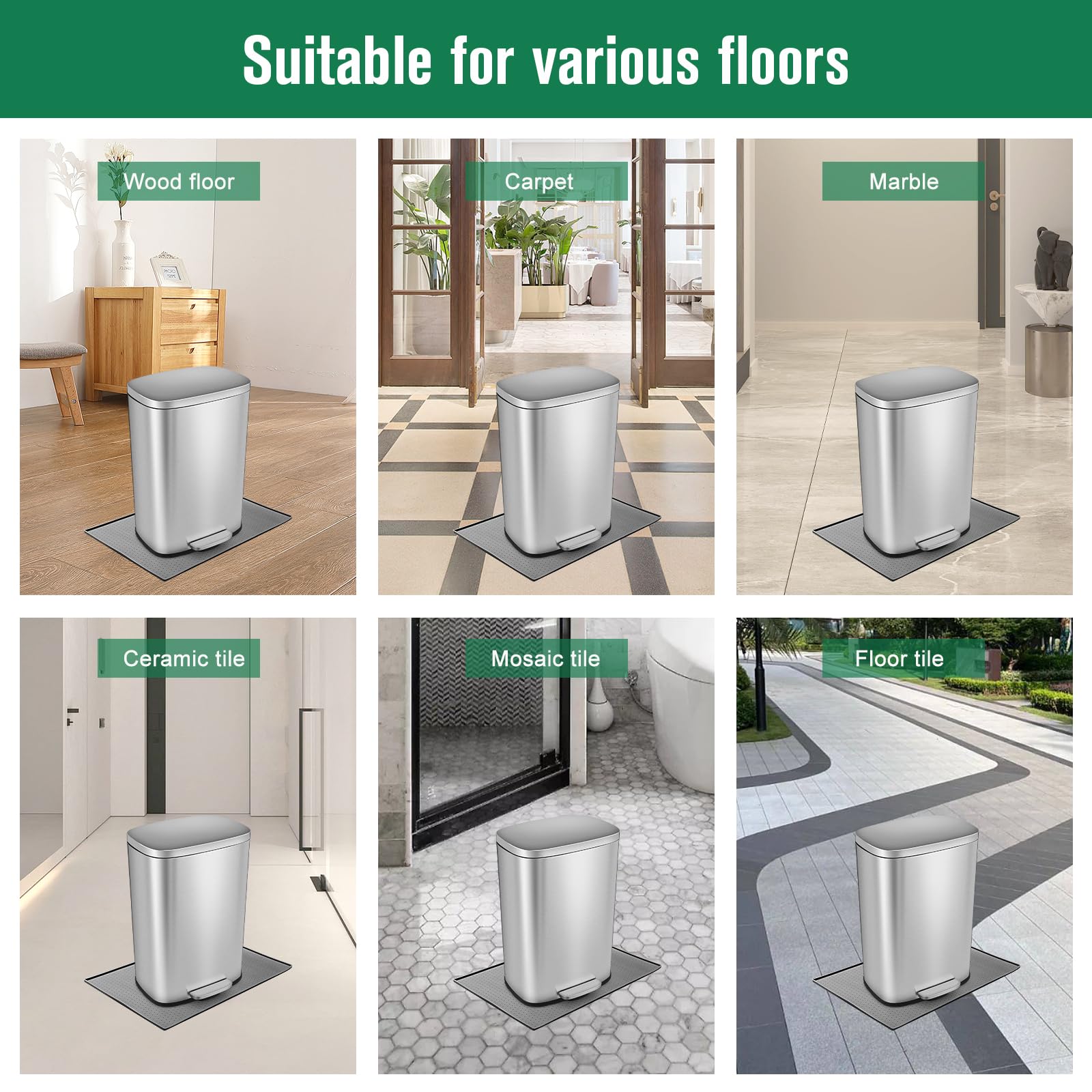 OBKING Trash Can Mat, with Non-Slip Particles to Prevent Trash Can Movement and Protect Floors, Raised Edges to Prevent Spills, Suitable for Kitchen, Living Room, Bedroom(11.8"x18.9")