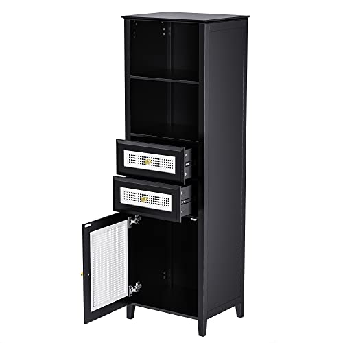 OPTOUGH Boho Style Slim Tall Storage Narrow Bathroom Corner Rattan Door Mid Century Modern Tower Freestanding Cabinet Organizer with Metal Handles for Kitchen, Living Room, Bedroom, Black