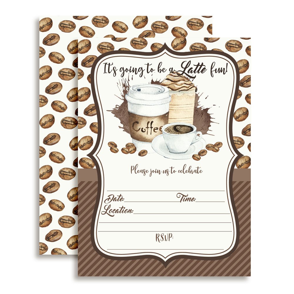 Watercolor Coffee Latte Fun Birthday Party Invitations, 20 5x7 Fill In Cards with Twenty White Envelopes by AmandaCreation