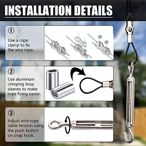 NEREUS String Light Hanging Kit with 164 Ft Nylon Coated 304 Stainless Steel Wire Rope, String Light Suspension Kit, Guide Wire with Turnbuckles and Hooks for Patio, Backyard Lighting Accessories