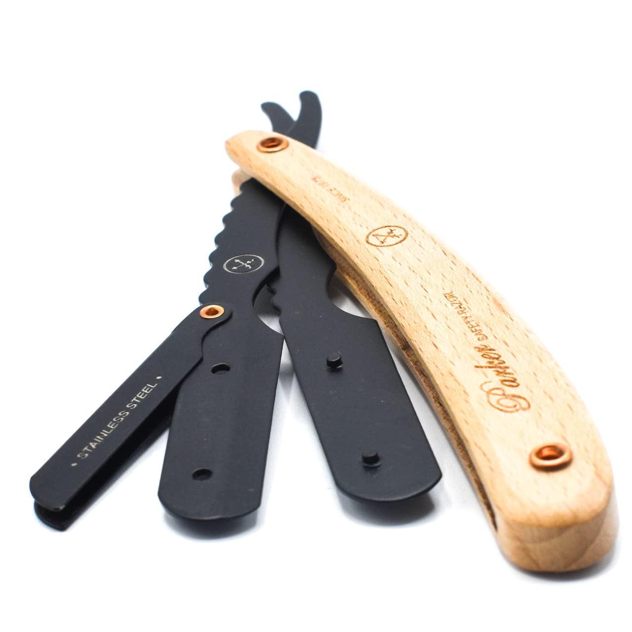 Parker SRP, Pine Wood Handle Straight Edge Barber Razor with Stainless Steel Blade Arm for Professionals, 5 Blades Included