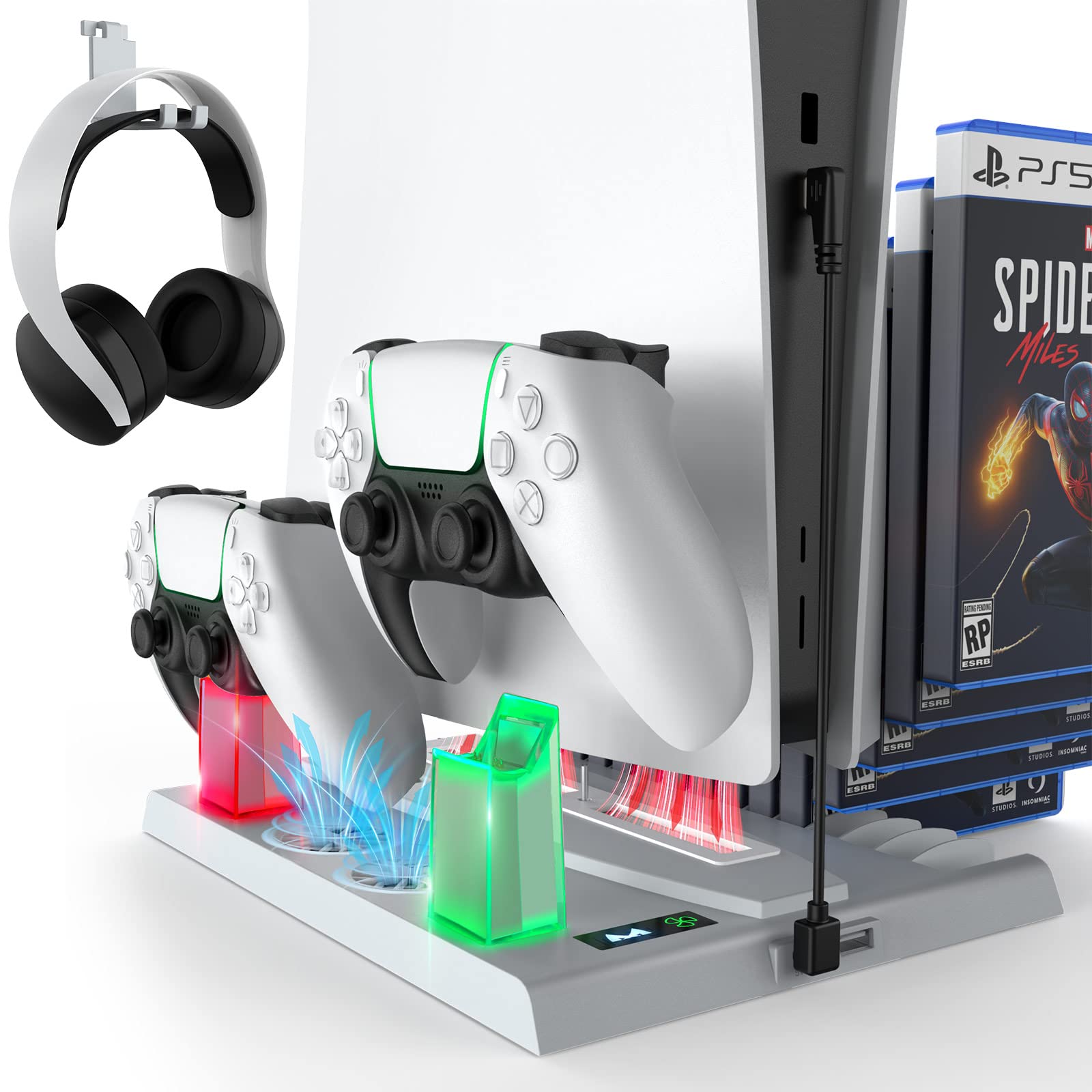 MAIORD PS5 Stand with Suction Cooling Fan and Dual Controller Charger, Suitable for Play Stations 5 Console, PS5 Accessories Include Charging Dock, Headset Holder, 15 Games Storage (White)