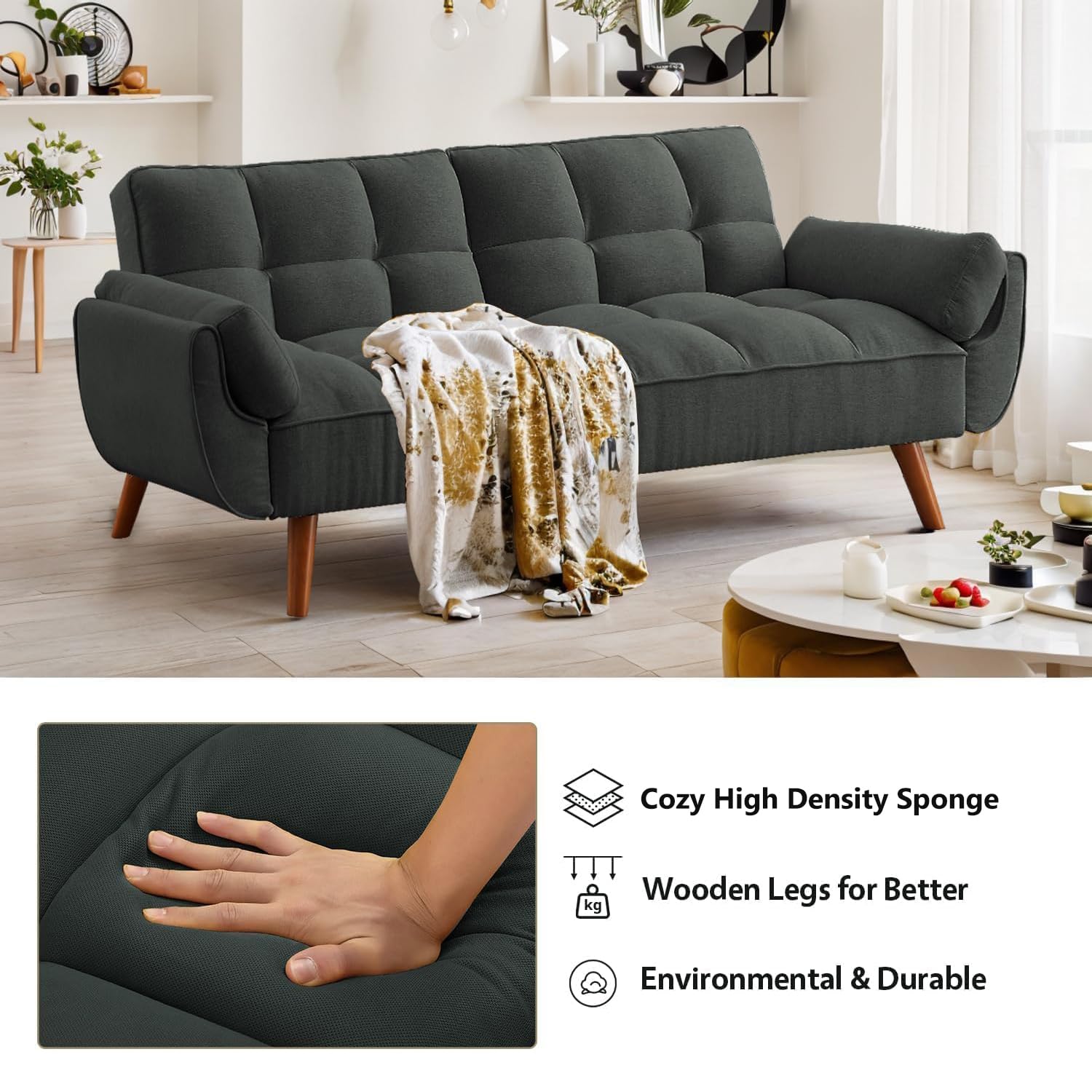 Relyblo Futon Sofa Bed, 76 inch Convertible Sectional Fabric Sleeper Couch, Splitback Loveseat with Tapered Legs, Modern Lounge for Living Room, Study, Bedroom, Apartment, Office,Yellow