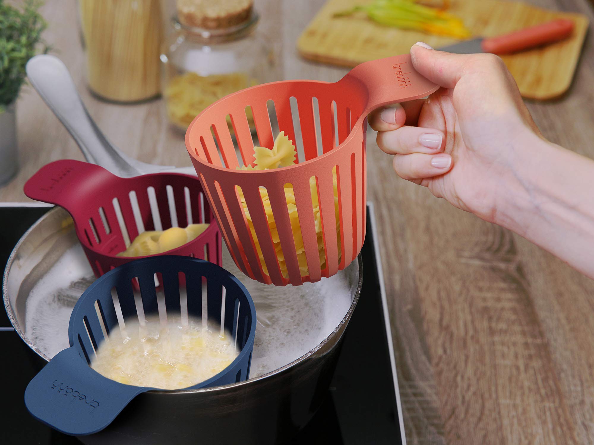 TREBONN, Cookin’ Pod 3 Piece Set, Single Portion Slotted Strainers for Pasta and Vegetables, Everyday Use, Coral Purple Blue-Gray, 1 Set