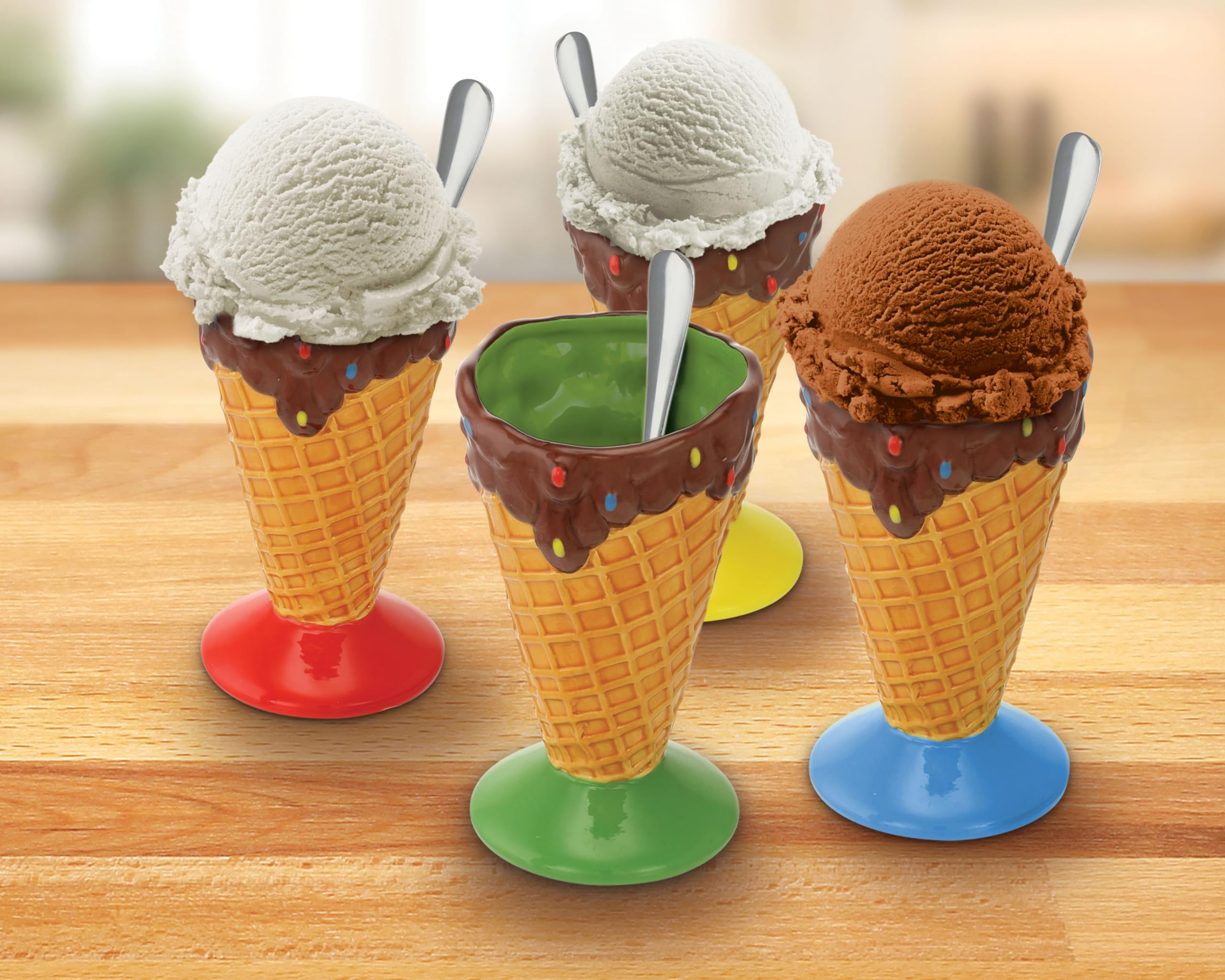 Kovot Ceramic Dessert & Ice Cream Cone Set - Includes 4 Ceramic Cones And 4 Metal Spoons