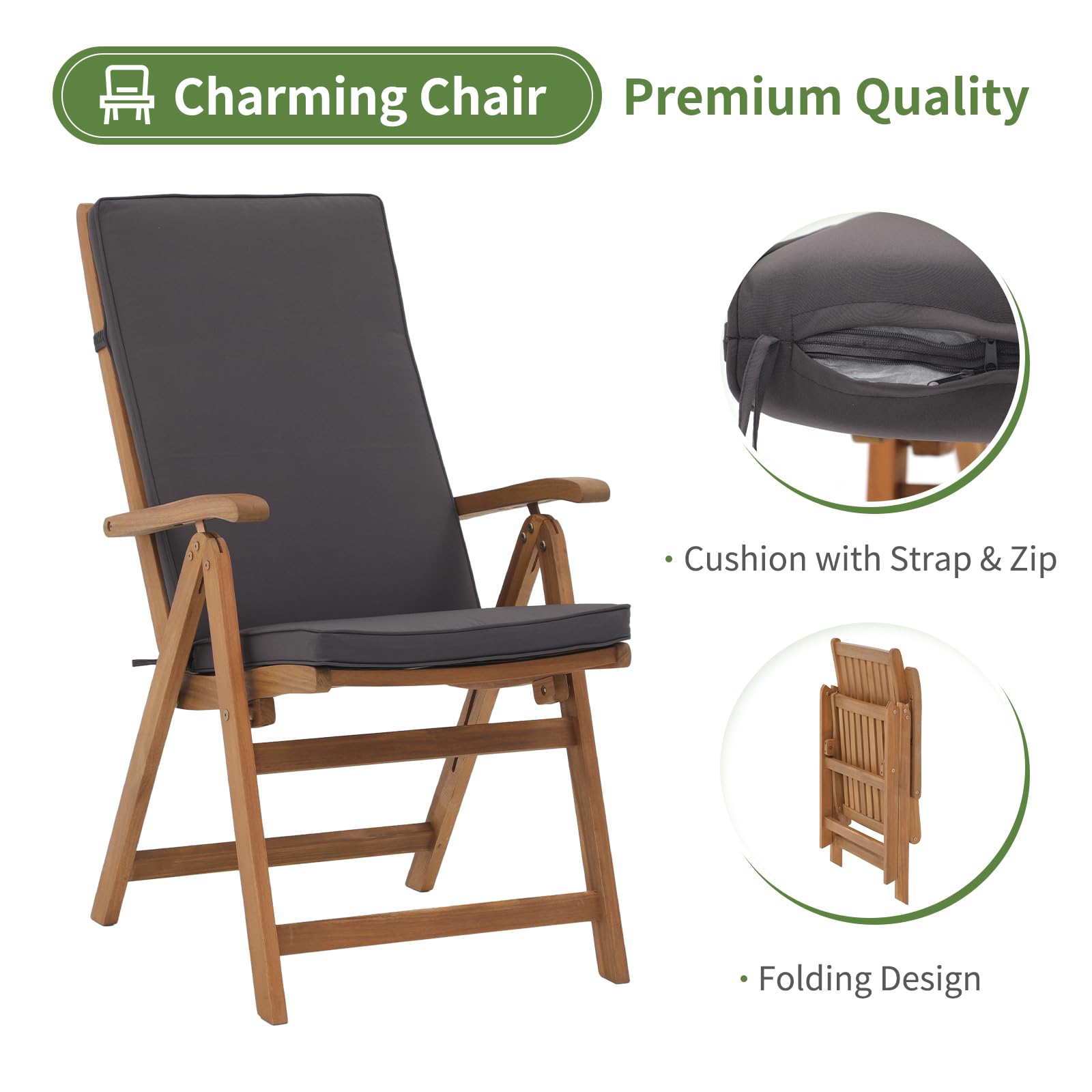 OC Orange-Casual 7 Piece Patio Dining Set, Outdoor Acacia Wood Furniture Set w/Extendable Rectangular Table and 6 Foldable Reclining Chair, FSC Certified, for Deck Garden Backyard, Beige