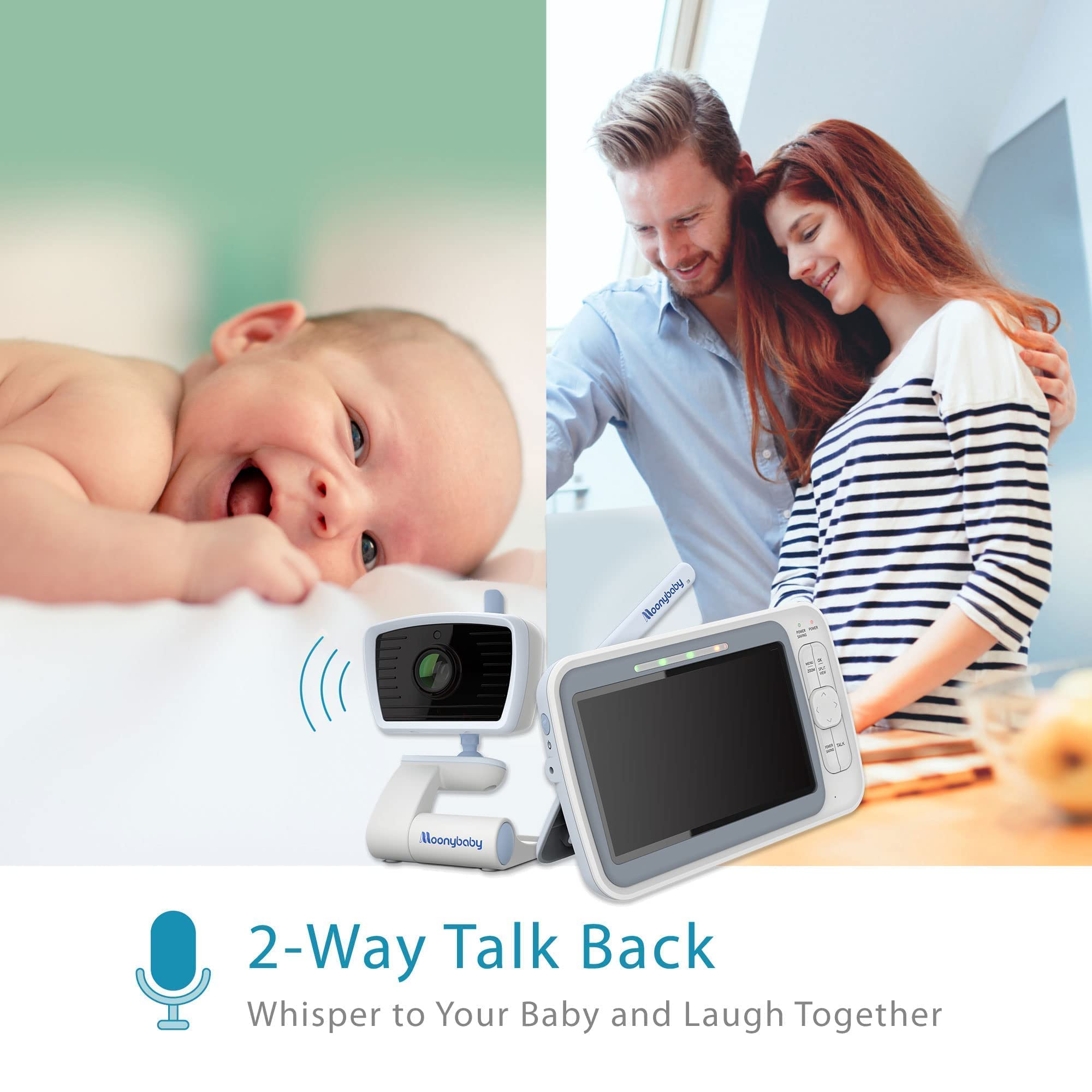 Moonybaby 5" HD Low EMF Baby Monitor with 2 Cameras, Long Range No WiFi, Auto Noise Reduce, Split Screen, 2-Way Audio, Lullaby, Auto Night Vision QV40