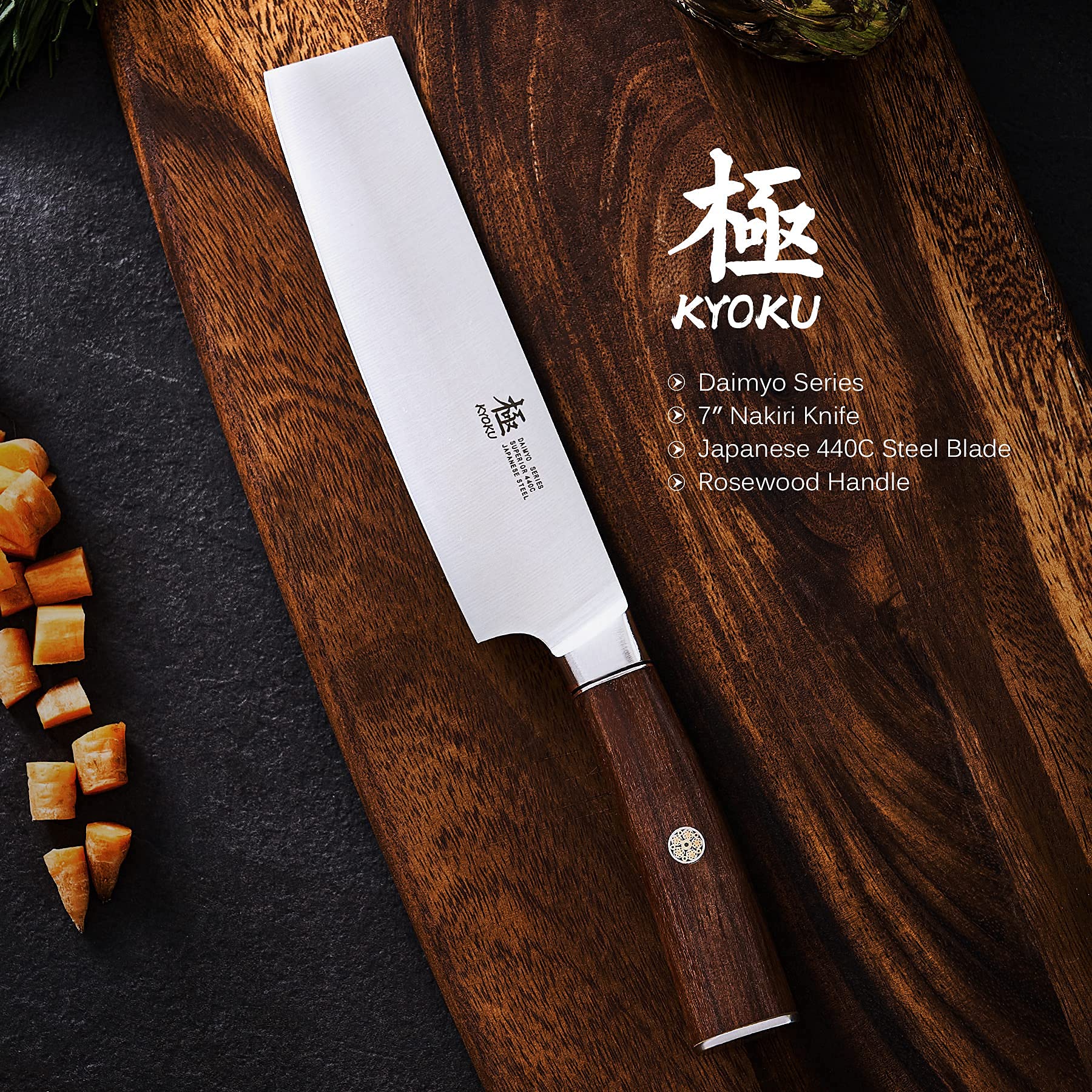 KYOKU Daimyo Series 7" Santoku Knife + 7'' Nakiri Knife + 7'' Cleaver - Japanese 440C Stainless Steel - Rosewood Handle