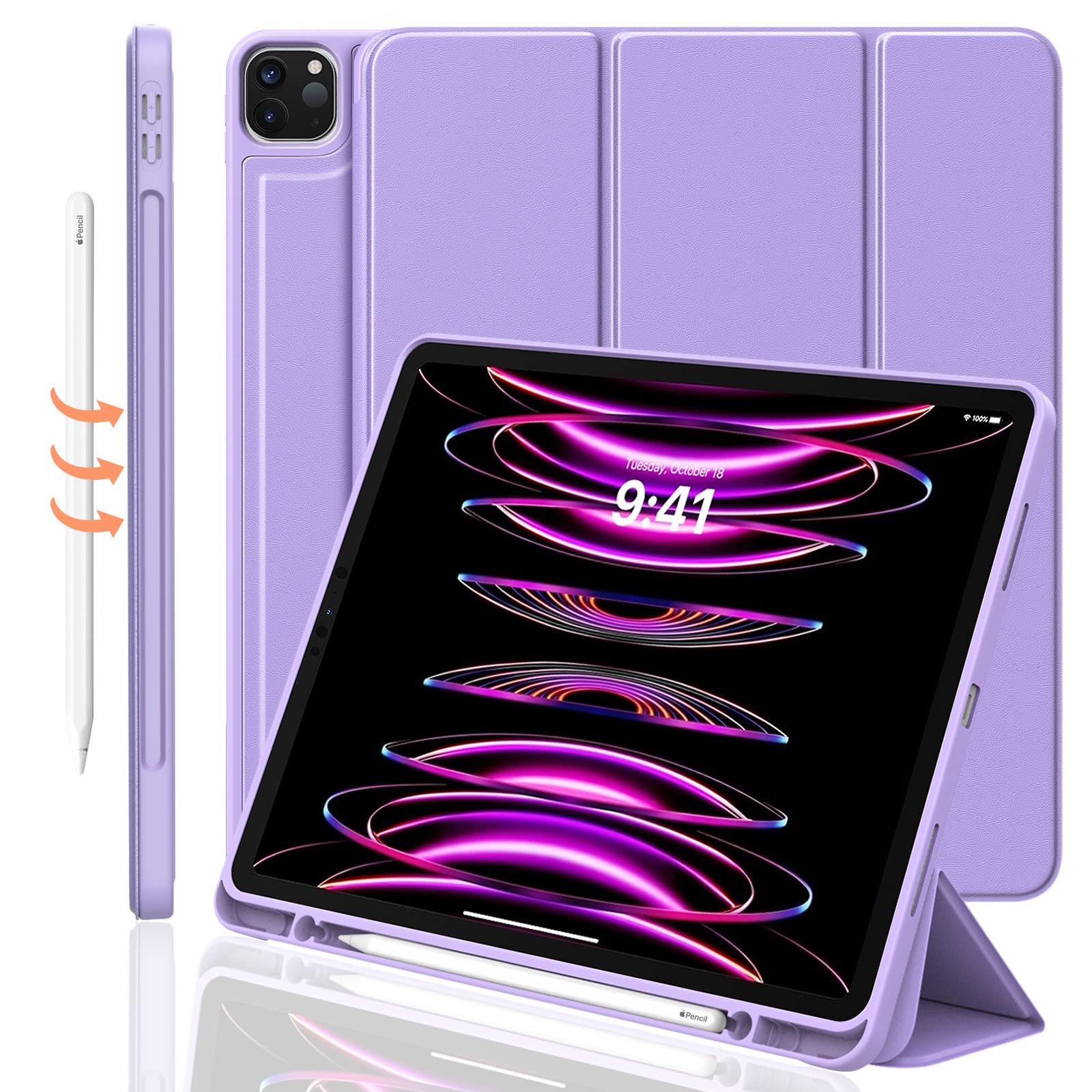 MoKo Case for iPad Pro 12.9 6th/5th/4th/3rd Generation 2022/2021/2020/2018, iPad Pro 12.9 Case with Pencil Holder, Stain Resistant Stand Case, Support Pecnil 2 Charging & Auto Wake/Sleep, Purple