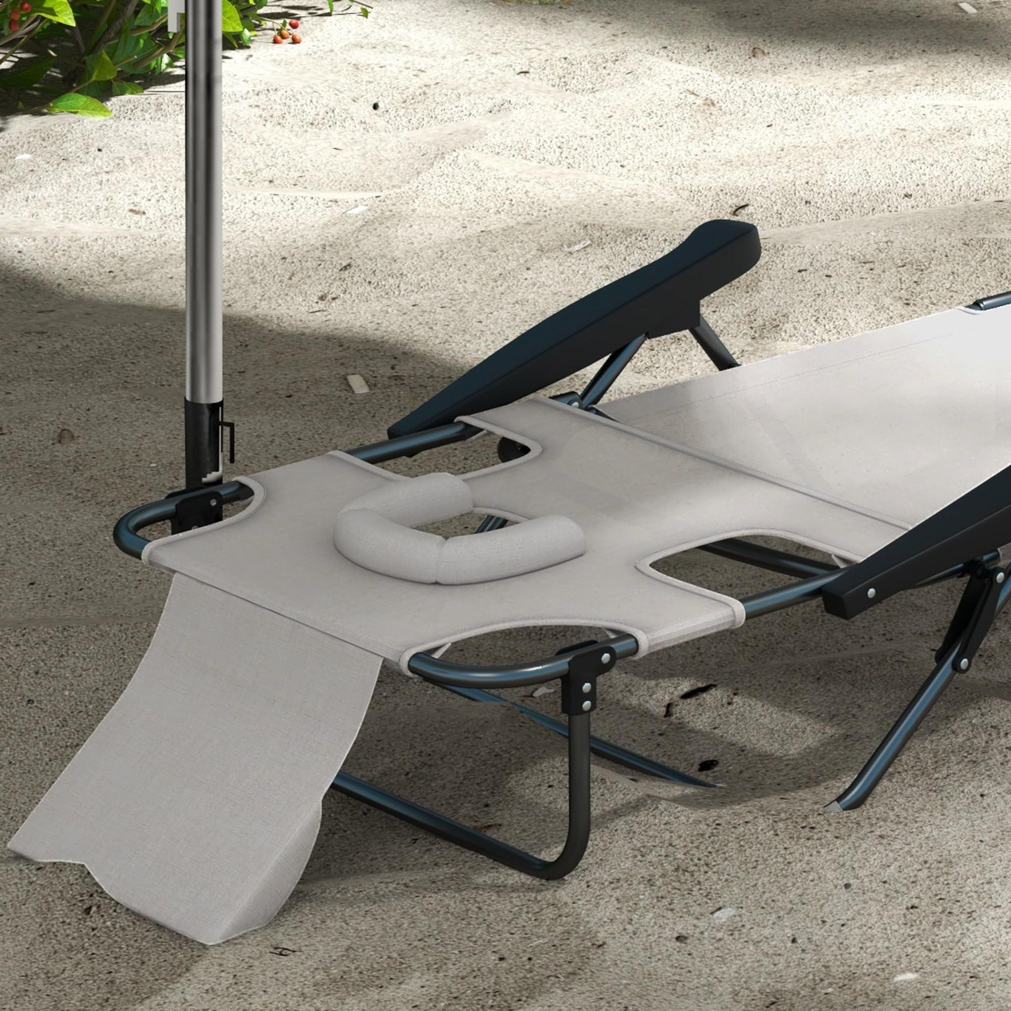 Outsunny Tanning Chaise Lounge Chair, 4-Position Beach Chair with Face & Arm Holes, Pillow headrest, Adjustable Sunbathing Chair, Cream White