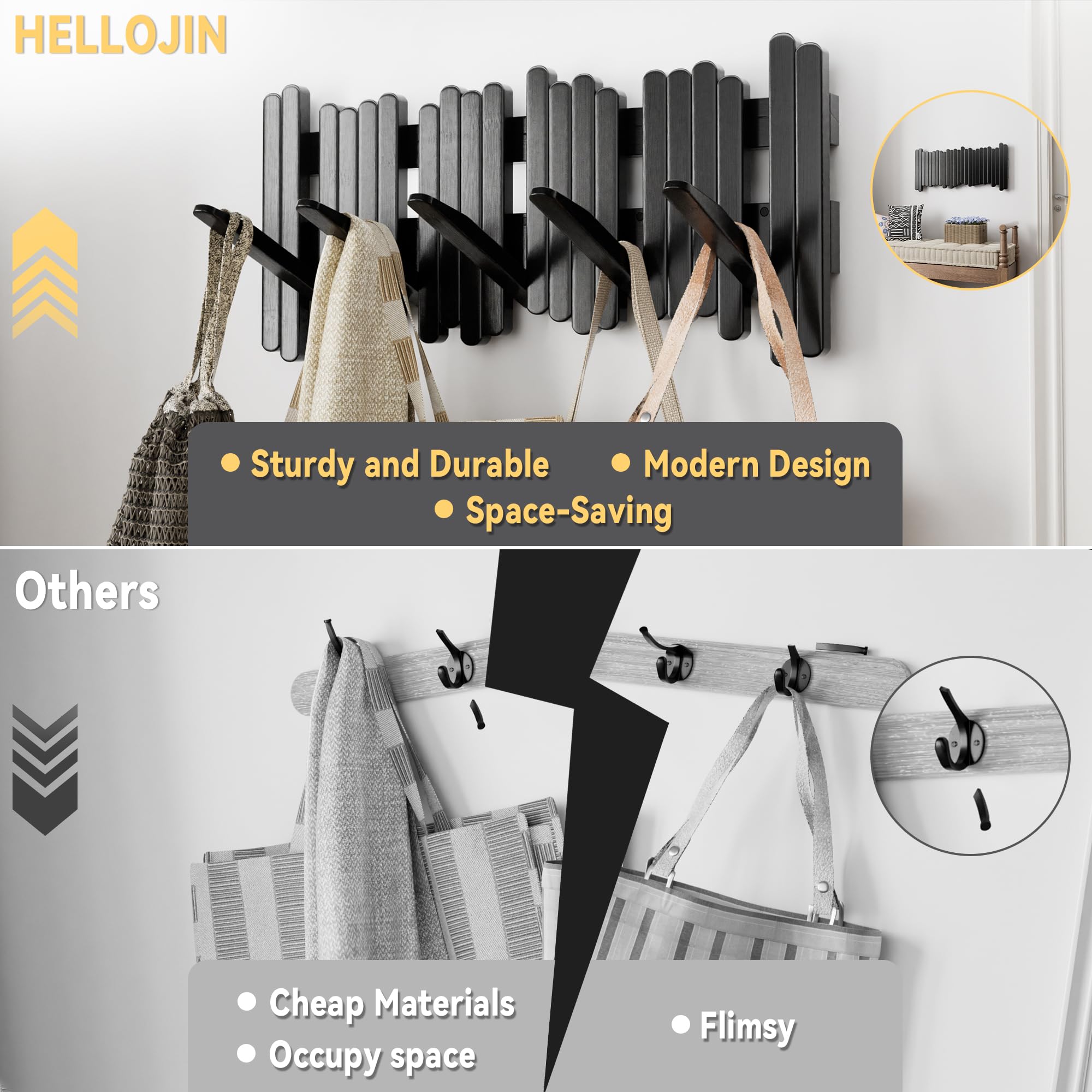 Space Saving Black Coat Rack Wall Mount, Wood Coat Hanger Wall Mount, Bamboo Entryway Hooks, Unique Wall Mounted Coat Rack for Hanging Keys, Hats, Purse, Towels and More (5 Flip-Down Hooks)