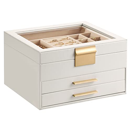 Somduy Jewelry Box Organizer for Women,3 Layers Jewelry Storage Display Box with Glass Lid,Gift for Christmas,3 Drawers,Large Capacity for Necklace Earrings Bracelets Rings,White