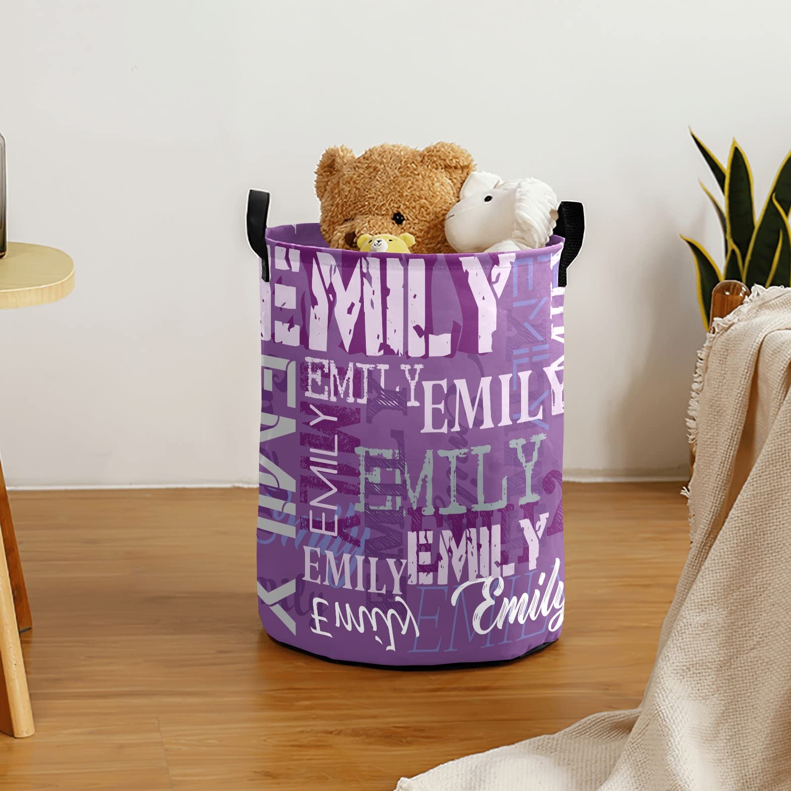 Monogram Word Letter Round Storage Basket Personalized Name Laundry Basket Waterproof Nursery Hamper with Handle for Living Room Bedroom and Clothes