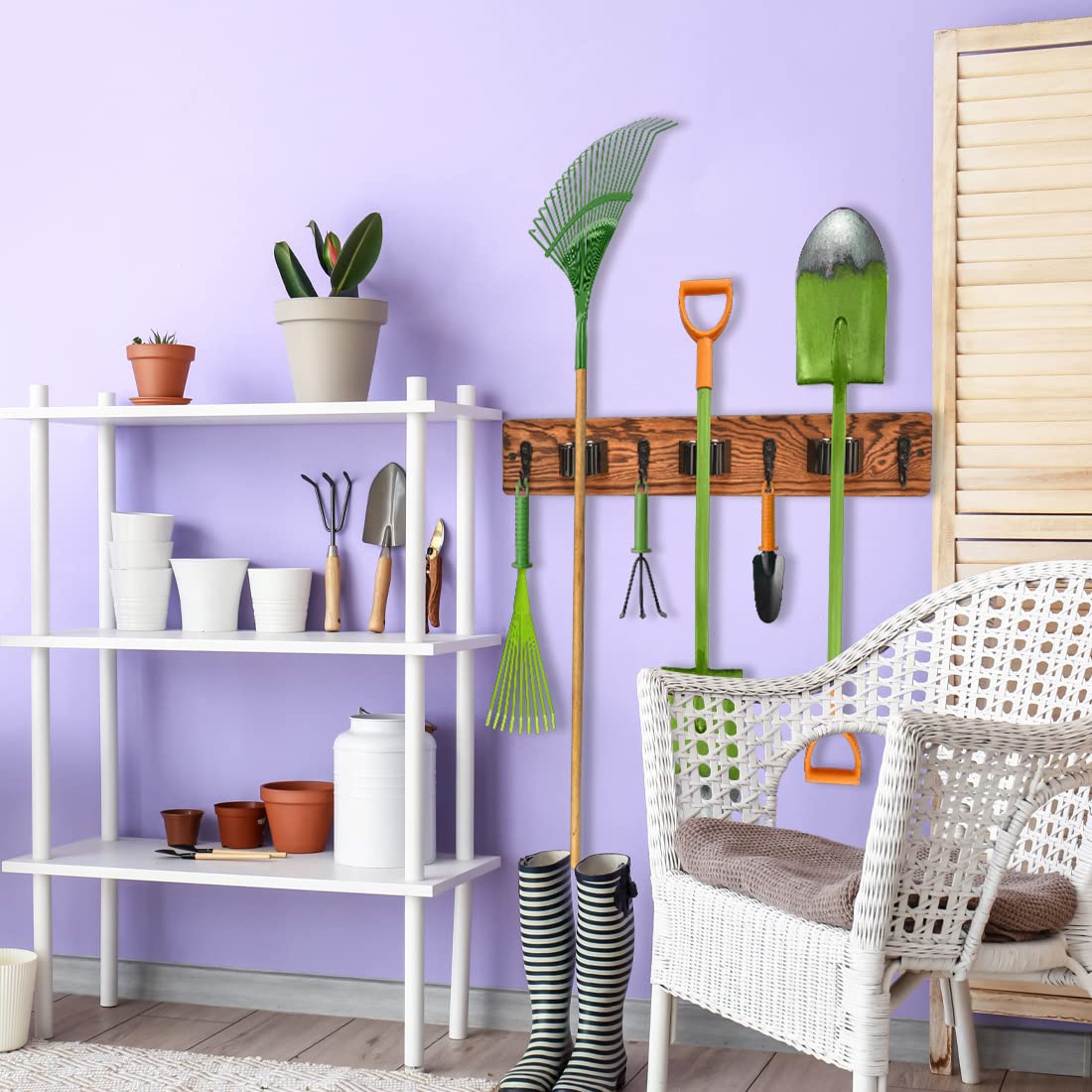 Mop and Broom Holder Wall Mount, Rustic Solid Wood Holder Garden and Kitchen Garage Tool Organizer Wall Hanger for Home Goods (3 Positions with 4 Hooks)
