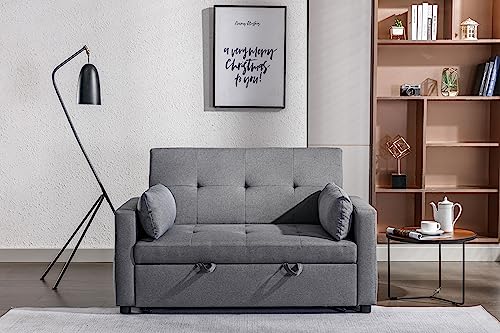Polibi 55.1" Modern 3-in-1 Convertible Sleeper Sofa Bed w/Side Pockets, Linen Upholstered Pull Out Sofa Bed Couch with 3 Adjustable Angle Backrest and Two Throw Pillows (Dark Grey)