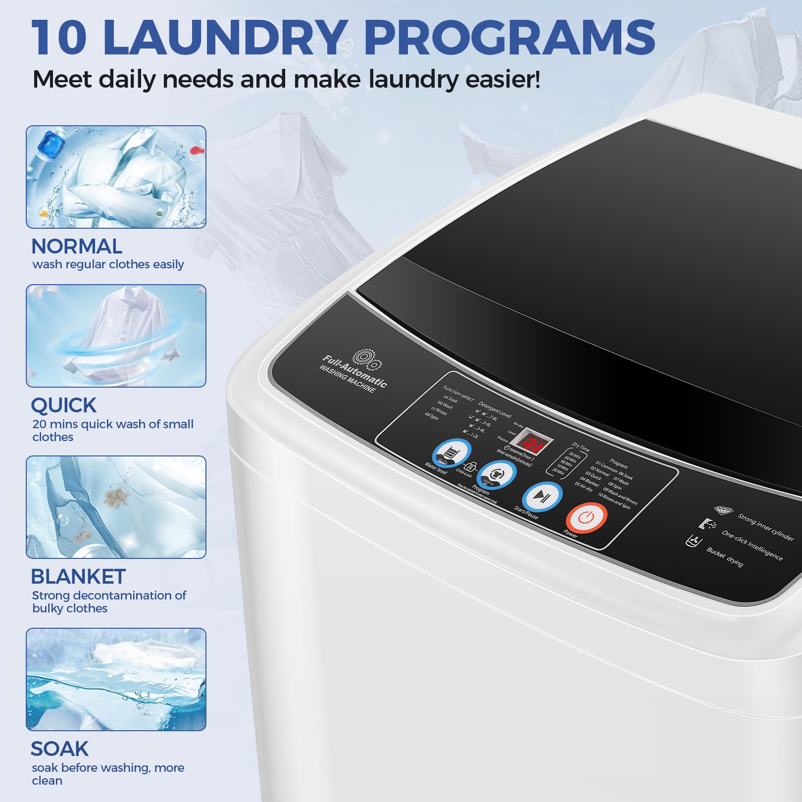 Nictemaw Portable Washing Machine, 17.8Lbs Capacity Portable Washer Machine, 2.4Cu.ft Washer and Dryer Combo with Drain Pump, LED Display, 10 Programs & 8 Water Levels for Apartment, Dorms, RV