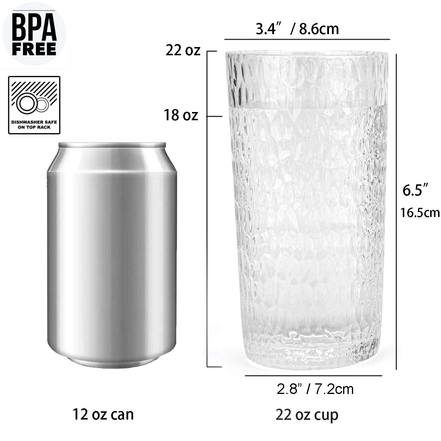 KOXIN-KARLU Mixed Drinkware 15-ounce and 22-ounce Plastic Tumbler Acrylic Glasses with Hammered Design, set of 8 Clear