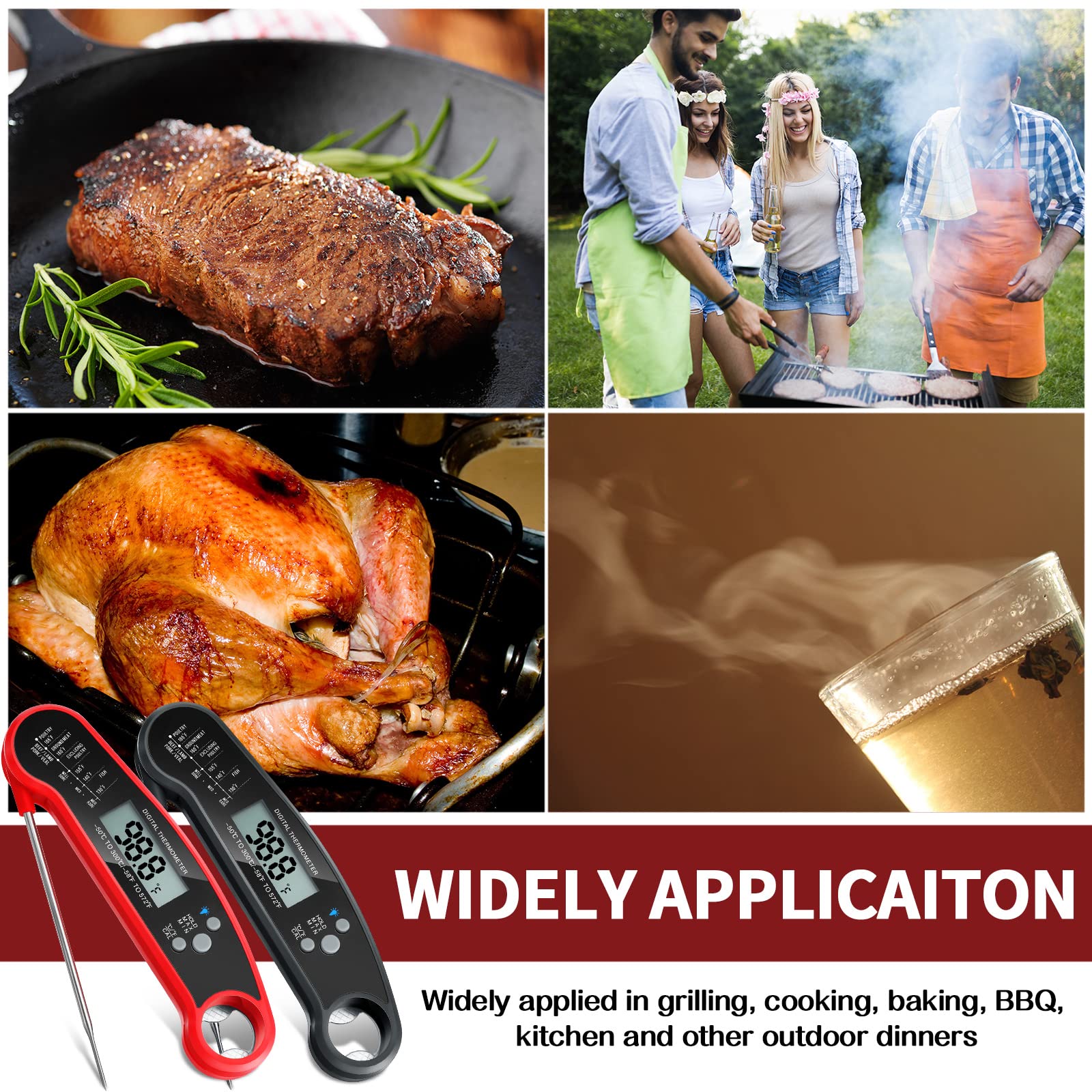 Leelosp 3 Pcs Digital Meat Thermometer with Probe Waterproof Fast Read Food Thermometer Kitchen Grilling Cooking Thermometer with Backlight Magnet and Calibration for Baking BBQ Outdoor, Red and Black